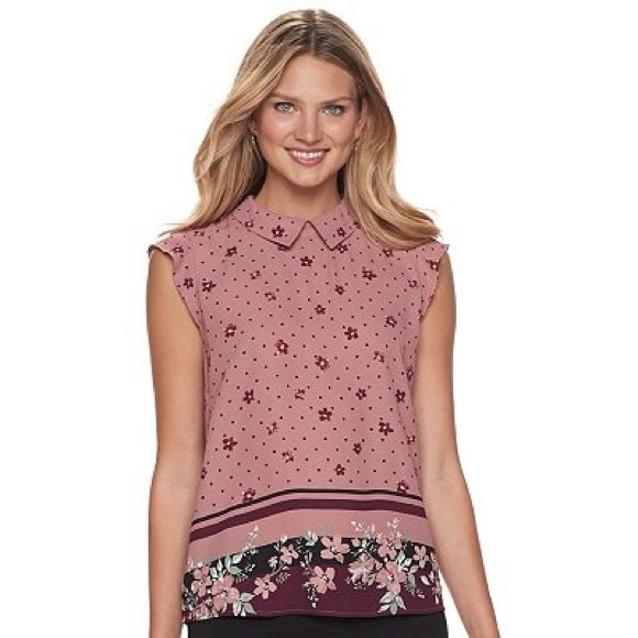 Elle | Tops | Elle Womans Pink Floral Short Sleeve Collared Blouse ...